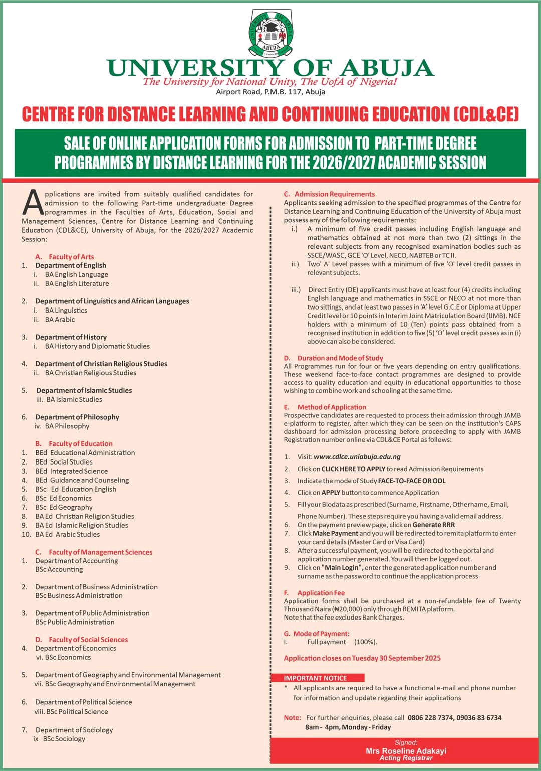 UNIVERSITY OF ABUJA ANNOUNCES ADMISSION TO PART-TIME DEGREE PROGRAMMES BY DISTANCE LEARNING FOR ...