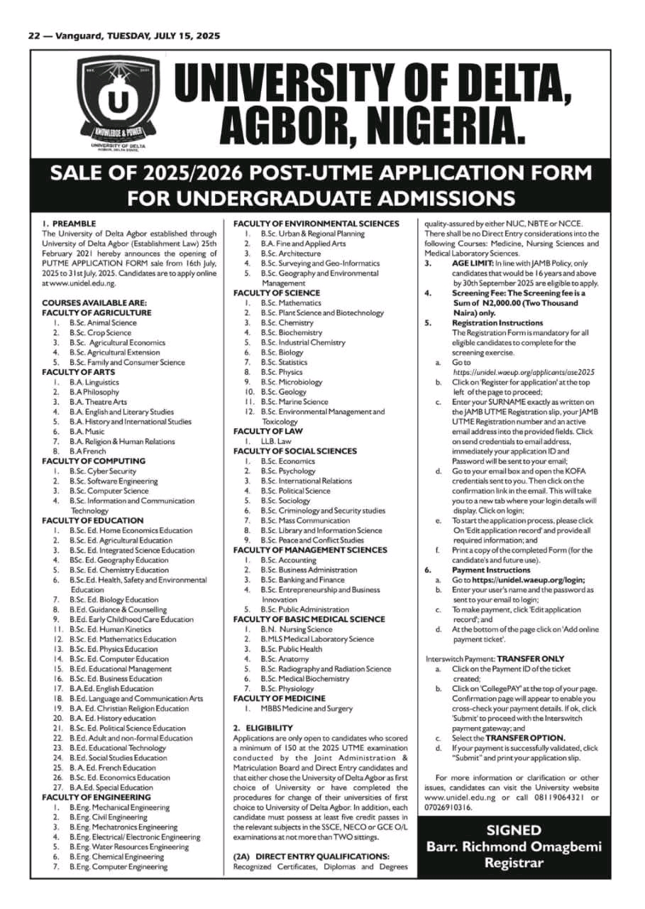 UNIVERSITY OF DELTA, AGBOR (UNIDEL) RELEASES POST UTME/DE ADMISSION ...