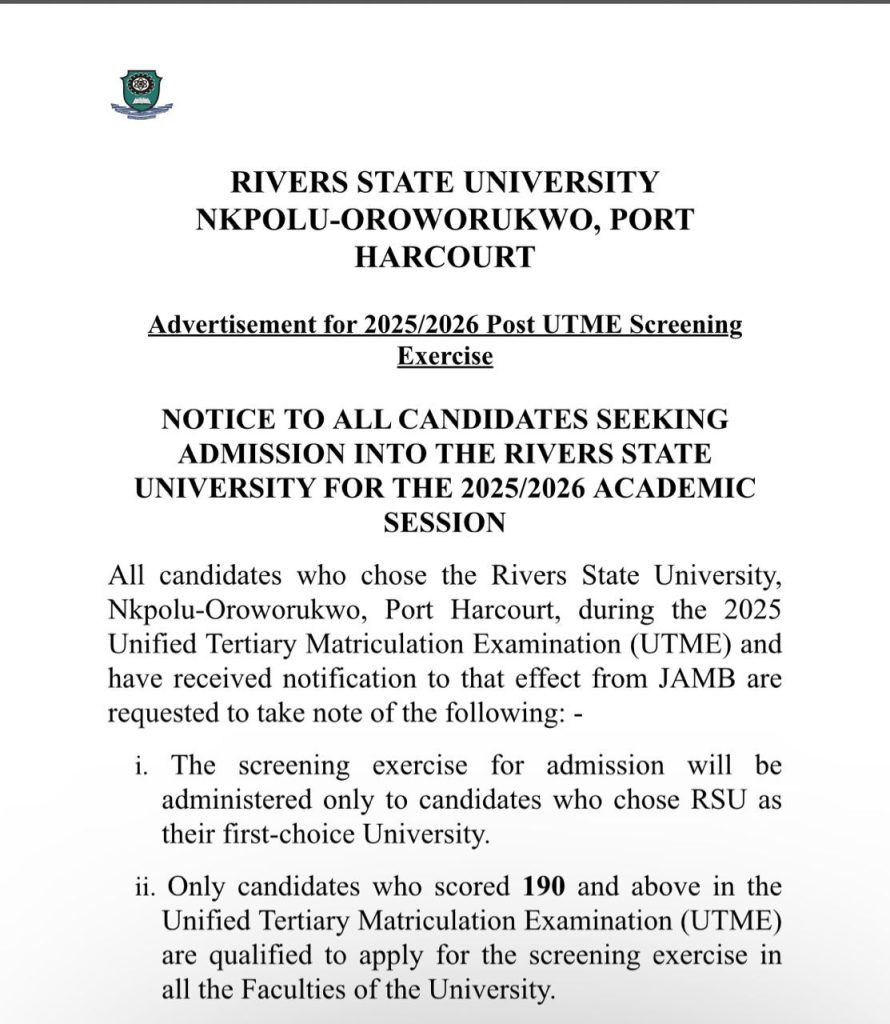 RIVERS STATE UNIVERSITY (RSU) RELEASES POST-UTME/DE ADMISSION FORM FOR ...