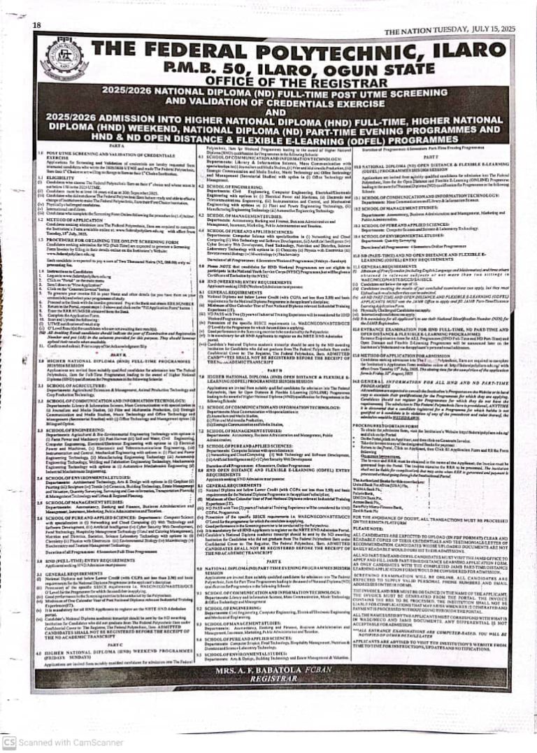 FEDERAL POLYTECHNIC, ILARO (ILAROPOLY) RELEASES ND/HND ADMISSION FORM ...