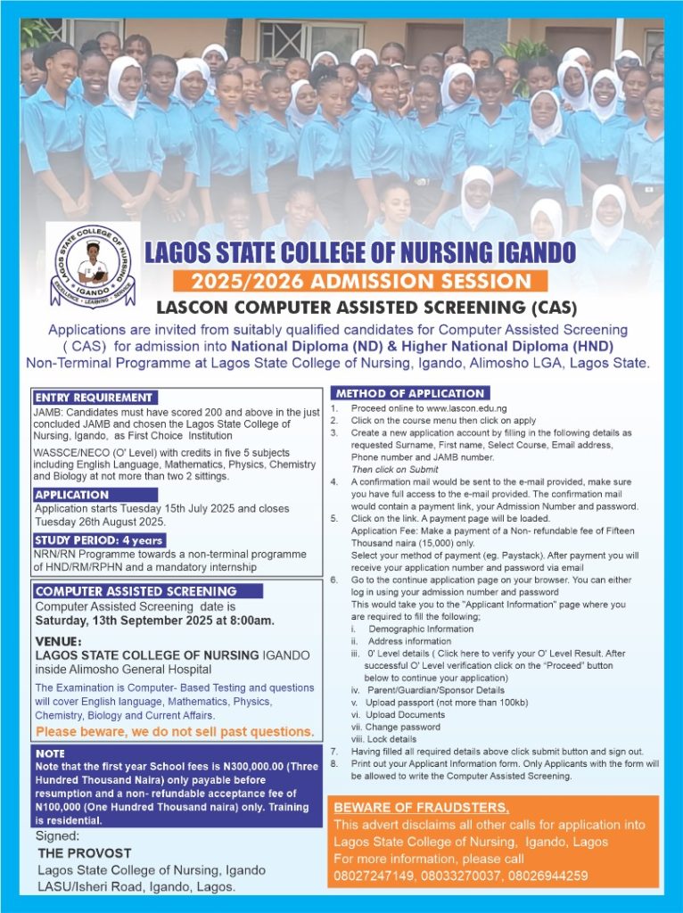 LAGOS STATE COLLEGE OF NURSING, IGANDO [LASCON] RELEASES ND/HND ...
