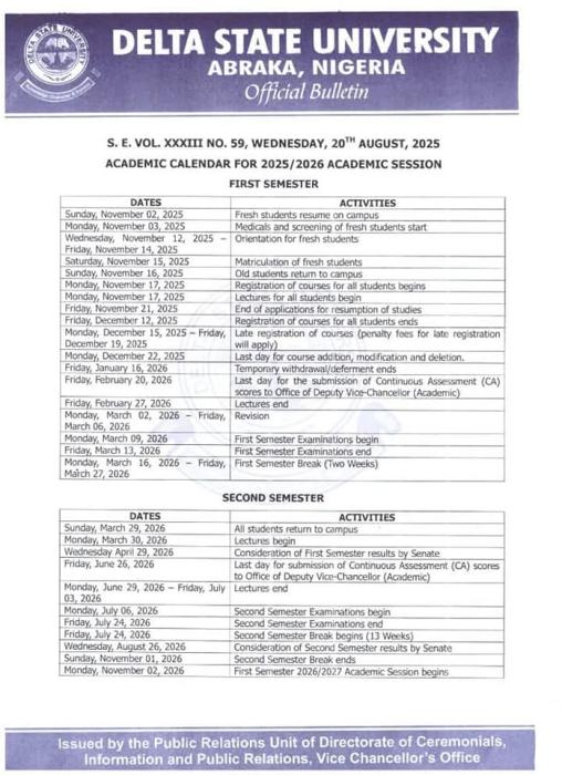 DELTA STATE UNIVERISTY (DELSU) RELEASES ACADEMIC CALENDAR FOR 2025/2026 ...