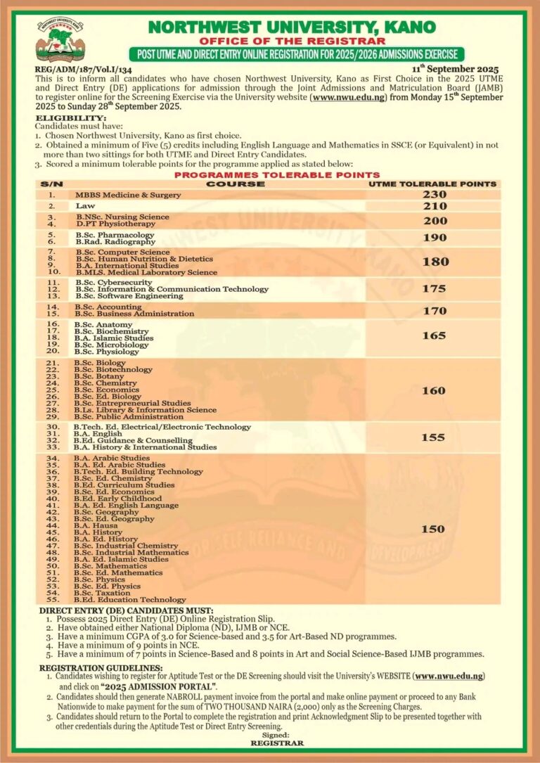 NORTHWEST UNIVERSITY, KANO (NWU) RELEASES POST UTME/DE ADMISSION FORM ...