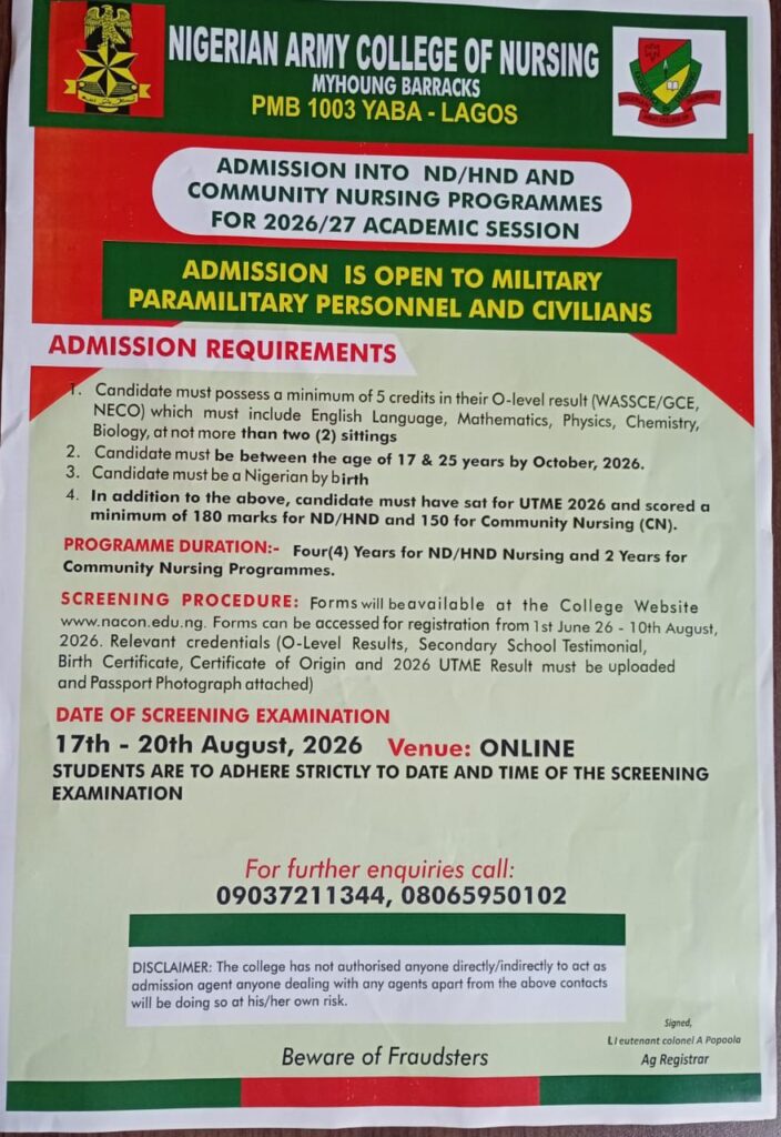 NIGERIAN ARMY COLLEGE OF NURSING,YABA [NACON] RELEASES ADMISSION FORM ...