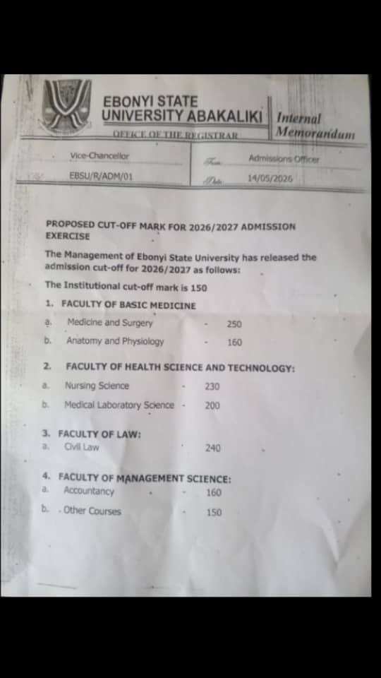 EBONYI STATE UNIVERSITY RELEASES PROPOSED DEPARTMENTAL CUT-OFF MARKS ...