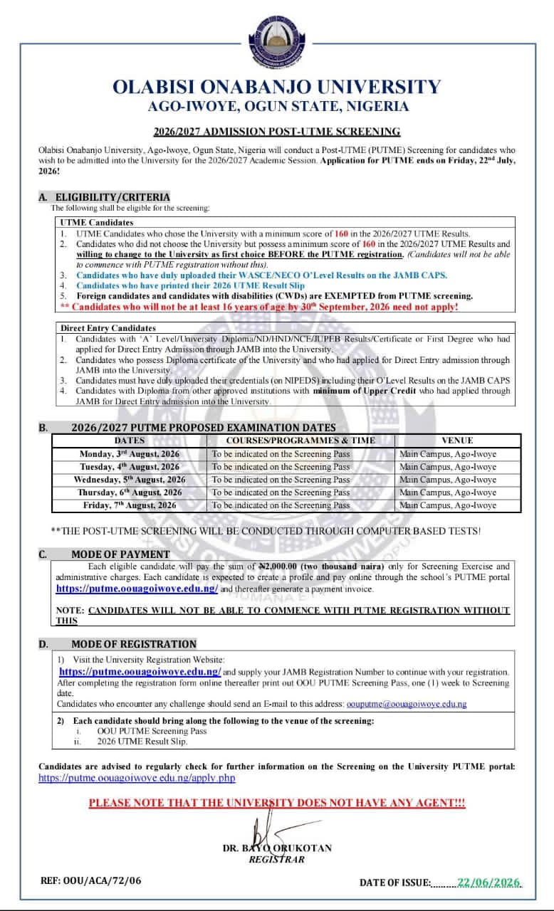 OLABISI ONABANJO UNIVERSITY [OOU] RELEASES POST-UTME AND DIRECT ENTRY ...