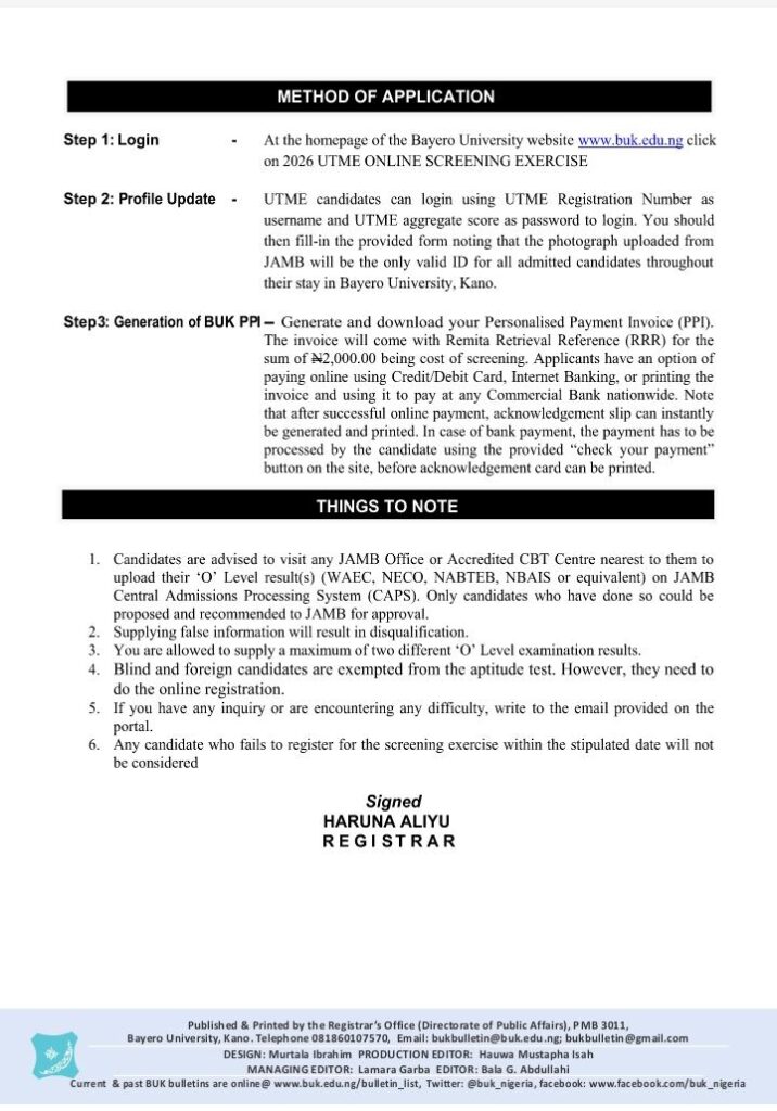 BAYERO UNIVERSITY, KANO RELEASES POST-UTME/DE ADMISSION FORM FOR 2026/ ...